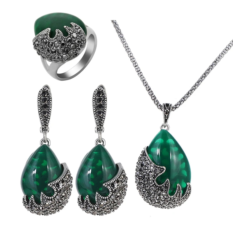 4 Pcs. Set Waterdrop Green Stone Vintage Jewelry Sets For Women Black – nordecollection