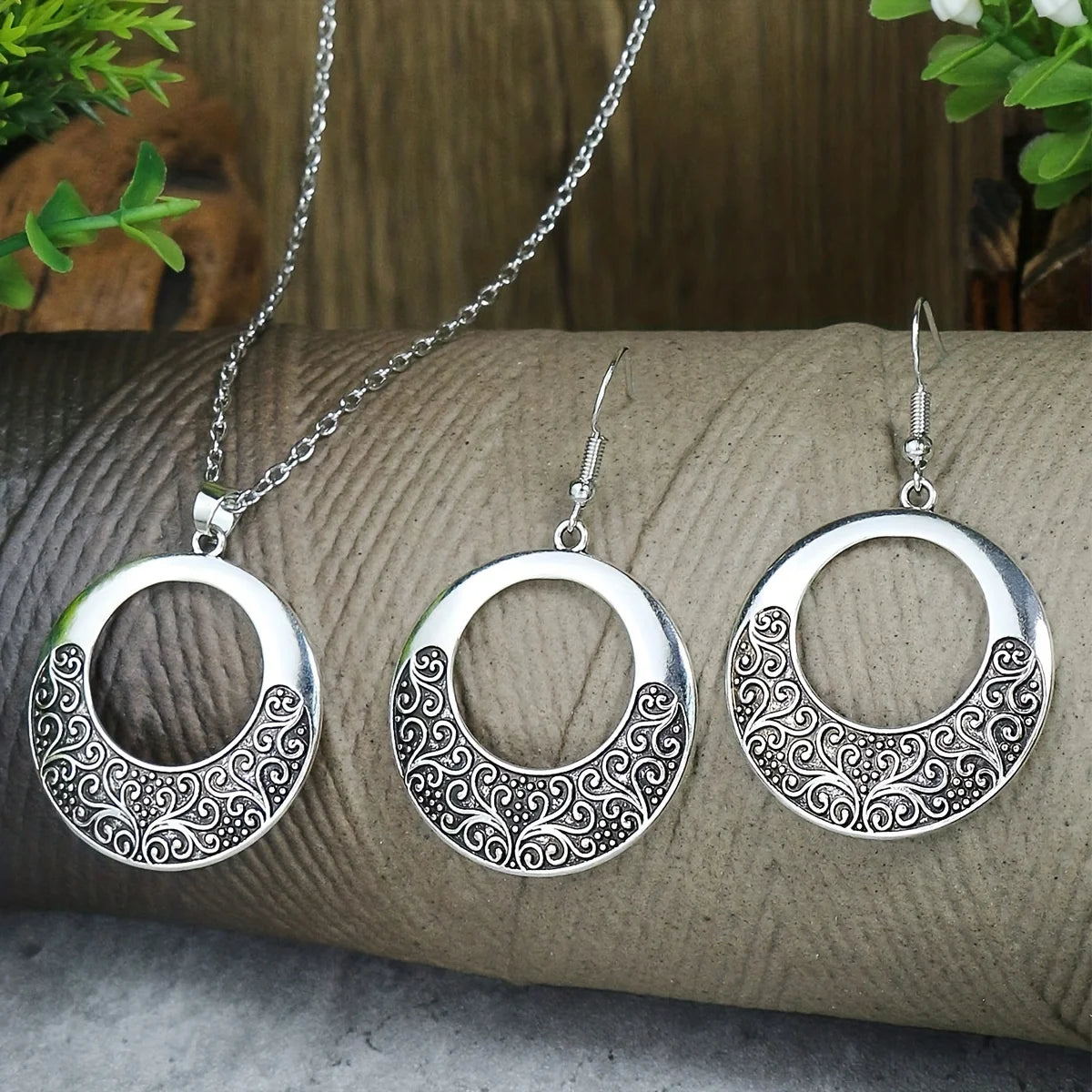 3 Pcs Silver Earrings Necklace Combination Set Boho Jewelry Set Fashio ...